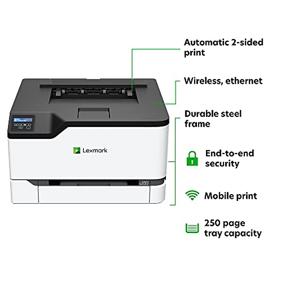 Lexmark C3326dw Color Laser Printer with Wireless Capabilities, Standard Two-Sided Printing, Two Line LCD Screen with Full-Spectrum Security and Prints Up to 26 ppm (40N9010), White/Gray