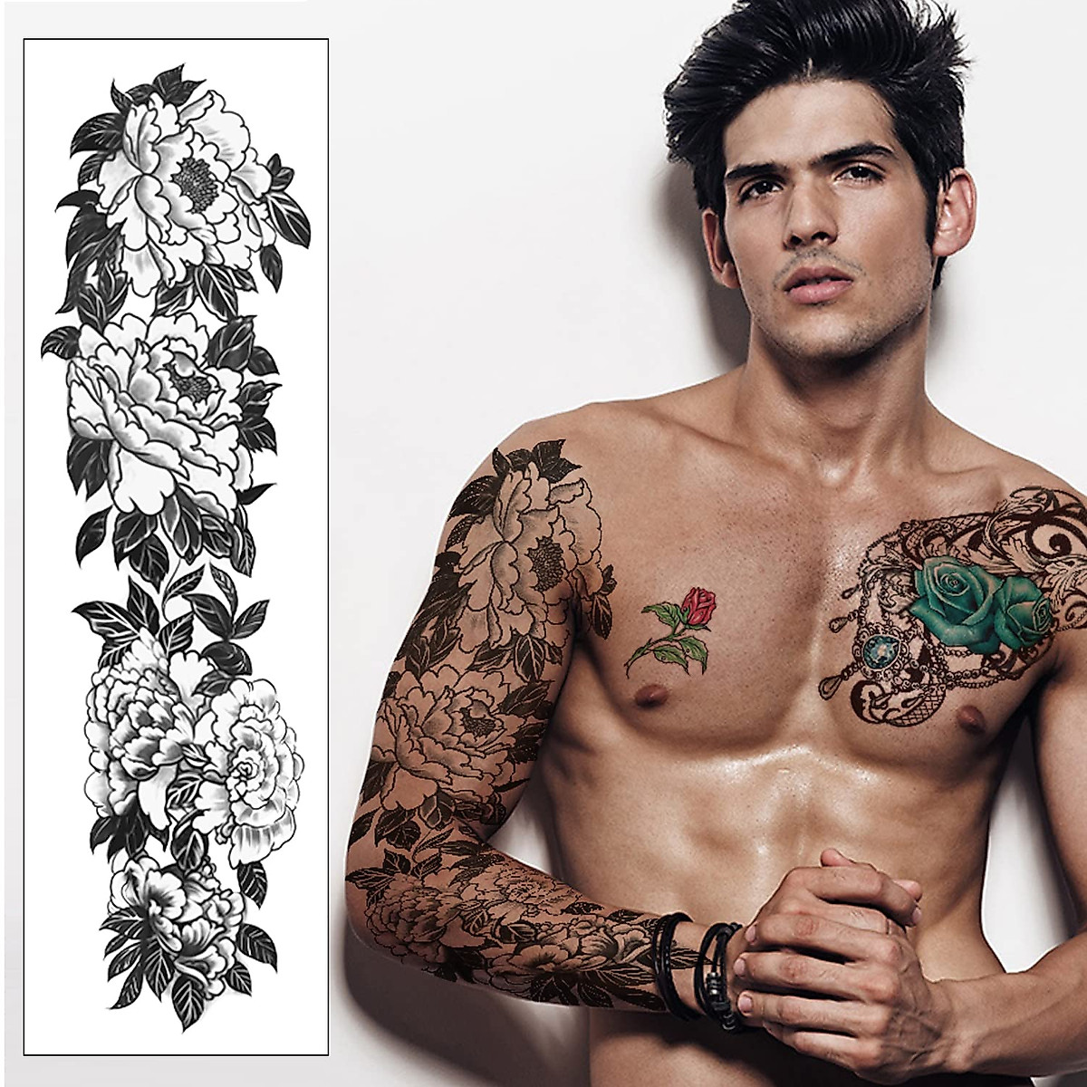 SOOVSY 46 Sheets Full Arm Temporary Tattoo for Men Women with Lion Lily Daisy Peony Rose, Half Arm Temporary Tattoos for Adults with Butterfly Bird Snake, Fake Tattoos That Look Real and Last Long