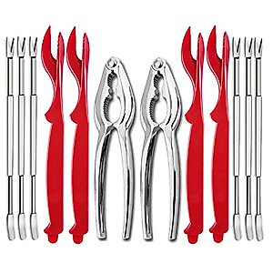 Ajmyonsp 12Pcs Crab Crackers and Tools/Lobster Nut Crackers and Picks - 6 Crab Leg Forks 4 Lobster Shellers, 2 Stainless Steel Seafood Crackers & Storage Bag