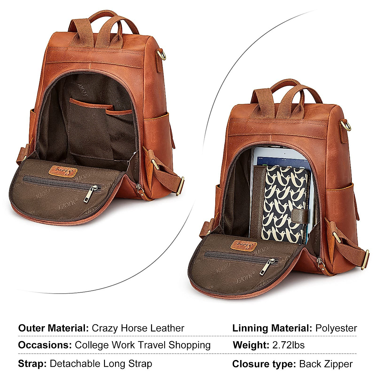 S-ZONE Vintage Genuine Leather Totes for Women Purse Handbag with Anti-thief Backpack Large