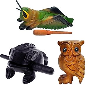 3 Pcs Handmade Wooden Percussion Instruments Animal Set, 3 Inch Wooden Frog, 4 Inch Wooden Cricket, and 2.3 Inch Wooden Owl, Artistic Craft and Unique Gift (Small)