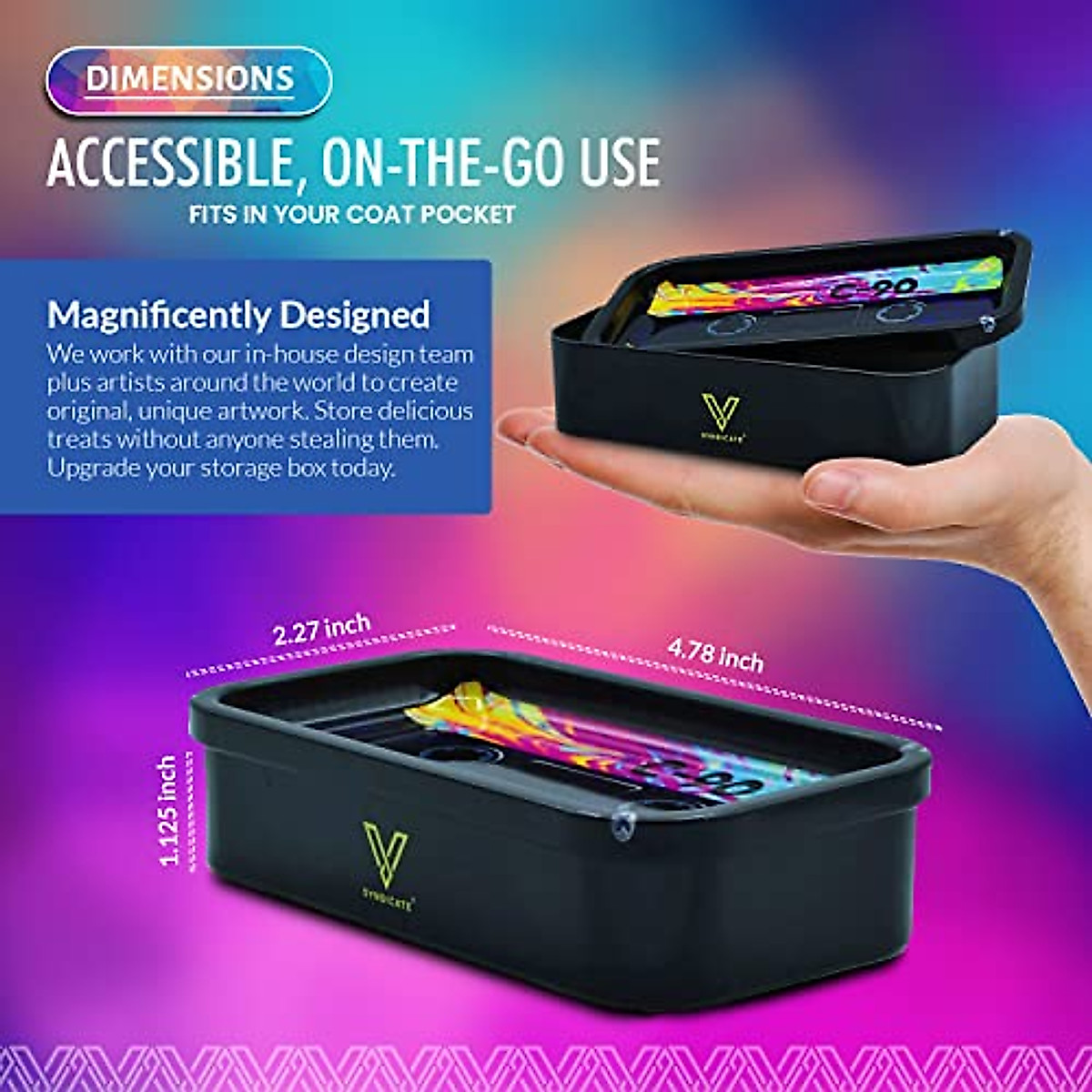 V Syndicate 5" x 2.8" x 1.5" Mini Metal Storage Box with Rolling Tray Lid - Airtight Rolling Tray Lid to Avoid Moisture and Smell - Flex Your Style with 360 Print of Original Interactive Artwork on All Sides (Syndicase 2.0, Cassette)