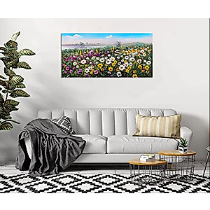 Arjun Flowers Canvas Wall Art Landscape Painting, Modern Spring Nature Wildflowers Daisy Floral Picture Artwork Large Framed for Bedroom Living Room Bathroom Home Office Wall Décor, 40"x20" One Panel
