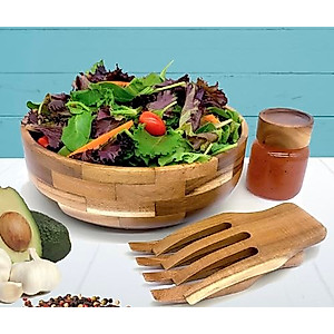 Voce Wooden Salad Bowl Set with Servers and Dressing Jar - Large Acacia Wood Serving Bowl for Salads, Fruits, Pasta, Cereal - Big Salad Bowl with Serving Utensils - Salad Mixing Bowls, 11" D x 4" H