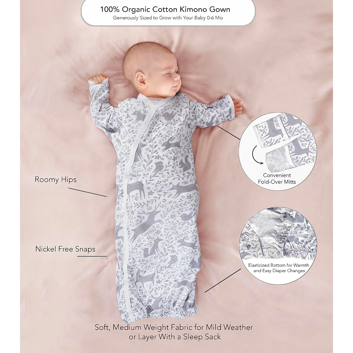 Cambria Baby 100% Organic Kimono Gowns. Side Snaps with Built in Mitts. (0-6 Months, Feathers and Forest Animals)