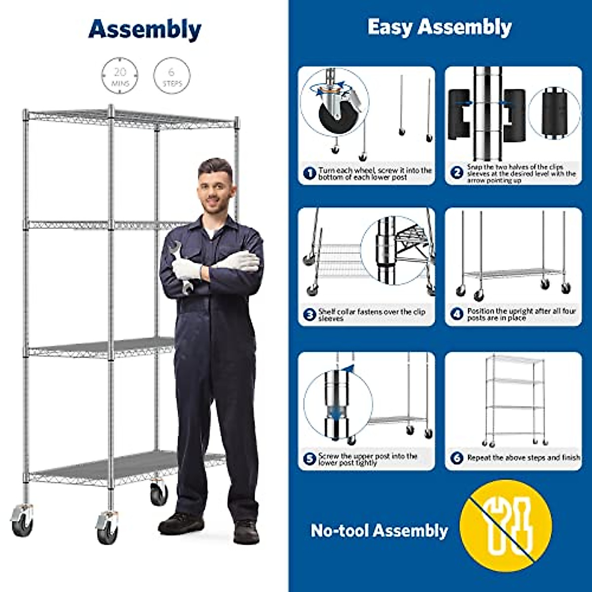 Raynesys Wire Shelving with 4" Wheels, 2400Lbs Heavy Duty 4-Tier Shelving Metal Shelves, 48x18x72in Steel Wire Storage Shelf Commercial Grade Adjustable Utility Rack for Garage, Kitchen, Chrome