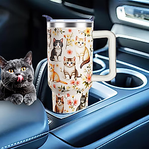 Mindunm 40 oz Cute Cat Tumbler with Handle and Straw Lid cat gifts for cat lovers for Women Double Insulated Cup Travel Coffee Mug