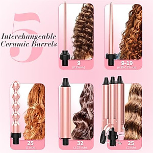 Wand Curling Iron, Curling Wand Set, MOCEMTRY Professional 5 in 1 Hair Curling Hair Iron with Interchangeable Barrels, Instant Heating & Adjustable Temperature, Gift for Women
