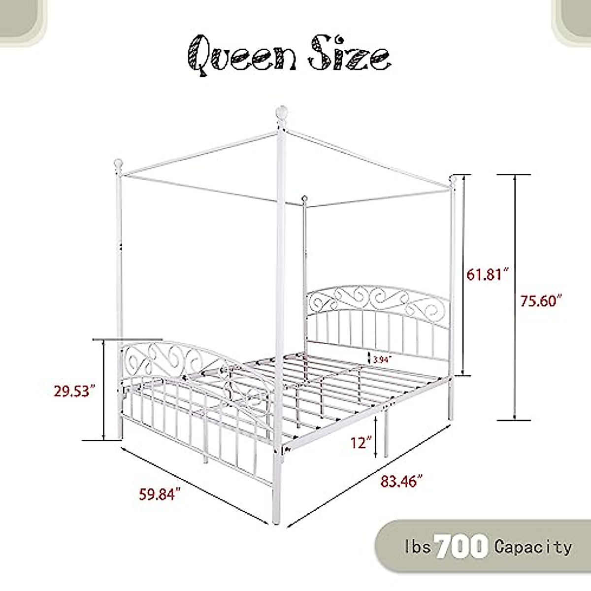 AUFANK Queen Size Canopy Bed Frame Four-Poster Metal Platform Bed with Headboard and Footboard Sturdy Heavy Duty Steel Slat Support No Box Spring Needed White