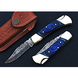 Smart & Sharp Custom Handmade Damascus Steel Folding Knife/Pocket Knife AR-17395 (Blue Colored wood) (blue)