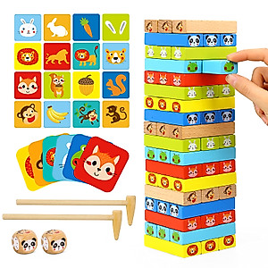 TOOKYLAND Colored Wooden Blocks Stacking Board Games Tumble Tower Games with Animal Pictures for Kids Boys Girls - 80 Pieces