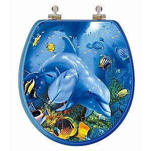 TOPSEAT 3D Ocean Series Round Toilet Seat w/Chromed Metal Hinges, Wood, Dolphin Family