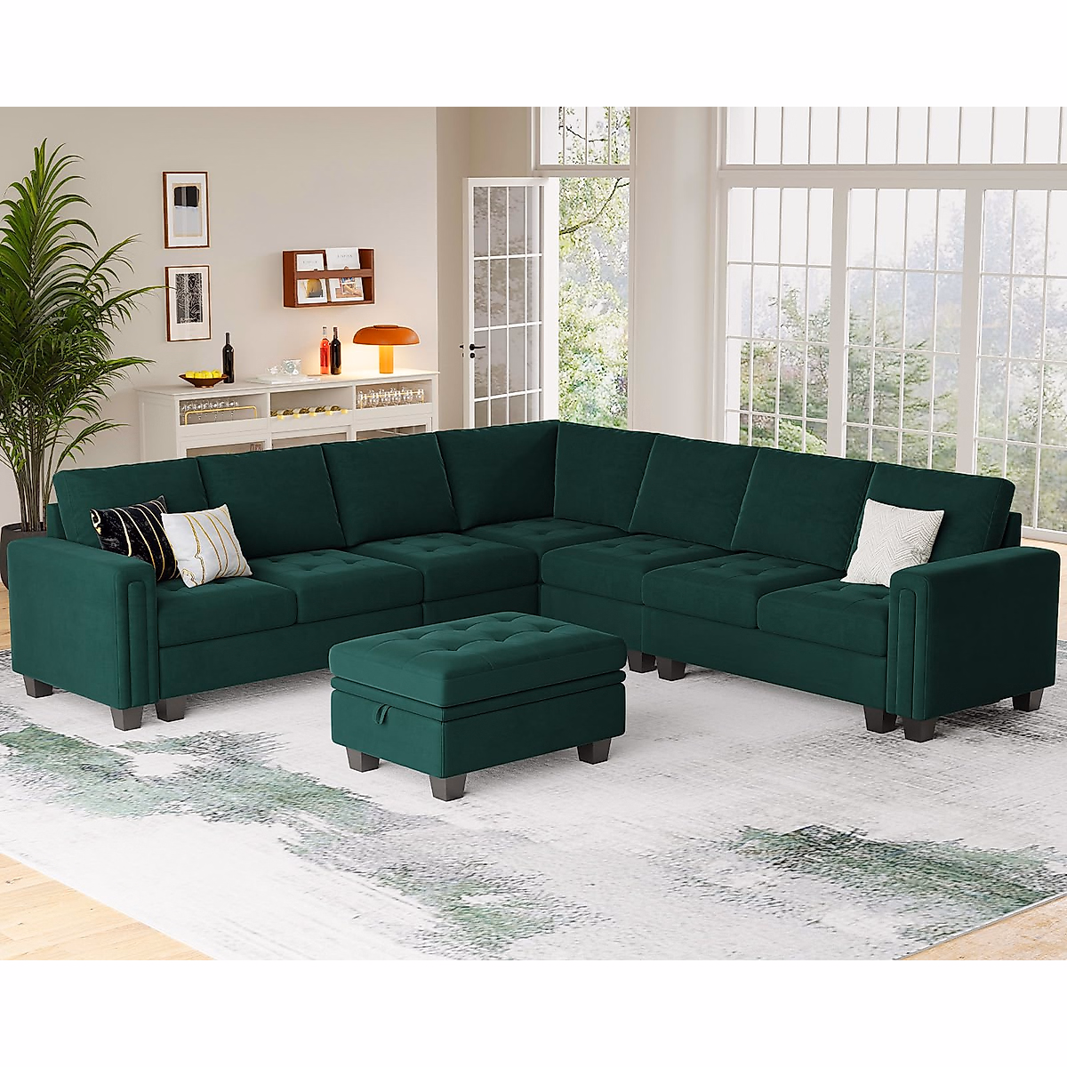 Belffin Convertible Velvet Modular Sectional Sofa Couch with Reversible Chaise L Shaped Sectional Couch with Storage Ottoman Living Room furniture Sofa Set Green