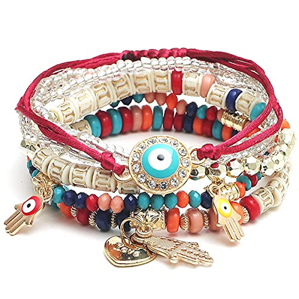 Pingyongchang Evil Eye Bracelets Pack Crystal Bohemian Bracelet Set of 4 Beaded Mexican Bracelets Pack Mixed Hamsa Protection Stretch Bracelets Jewelry for Women Teen Girls -B