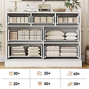 HOSTACK Modern 7 Drawer Dresser, White Dressser Chest of Drawers with Deep Drawers, Wide Wooden Dresser with Fluted Glass & Anti-Drop Fence for Living Room, Hallway, White