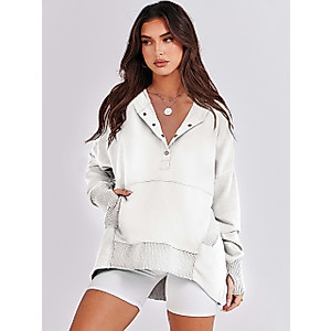 ANRABESS Women Casual Oversized Hoodies Sweatshirts Henley V Neck Hooded Pullover Sweater Tops 2024 Fall Outfits Clothes 1059benbai-M White