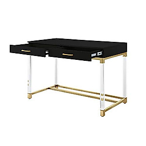 Casandra High Gloss 2 Drawers Writing Desk with Acrylic Legs and Gold Stainless Steel Base, Black/Gold
