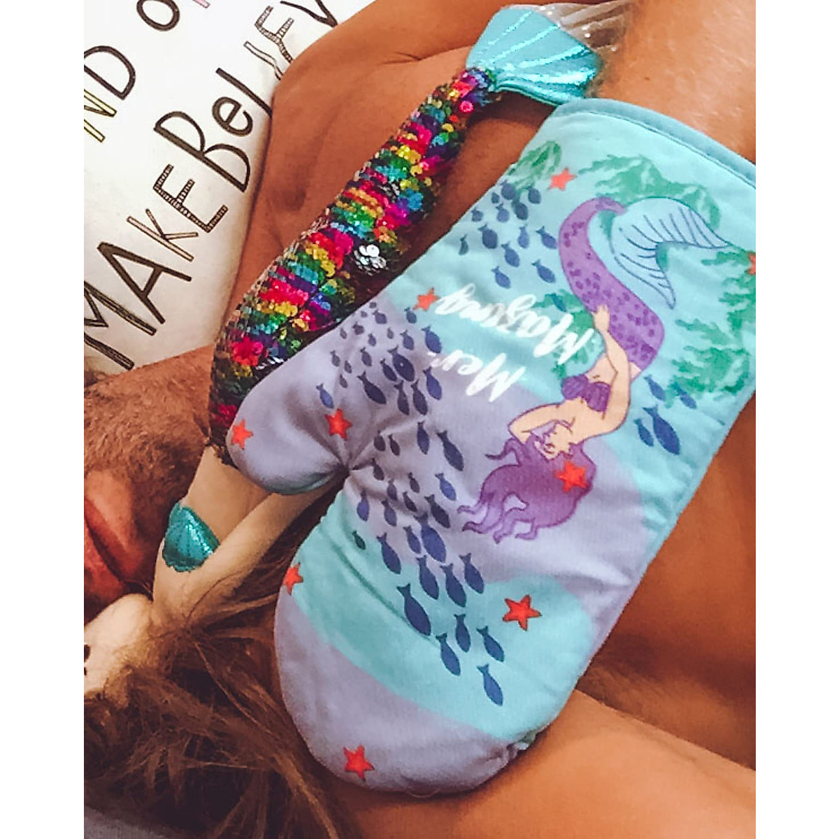 Mer-Mazing Oven Mitt Funny Mermaid Ocean Sea Mystical Kitchen Glove Funny Graphic Kitchenwear Funny Summer Novelty Cookware Blue Oven Mitt