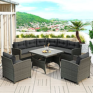 DHPM 6 Pieces Patio PE Wicker Furniture Set Outdoor Brown Rattan Sectional Conversation Sofa Chair with Storage Table and Beige Cushions, for Garden, Yard, Deck, Black