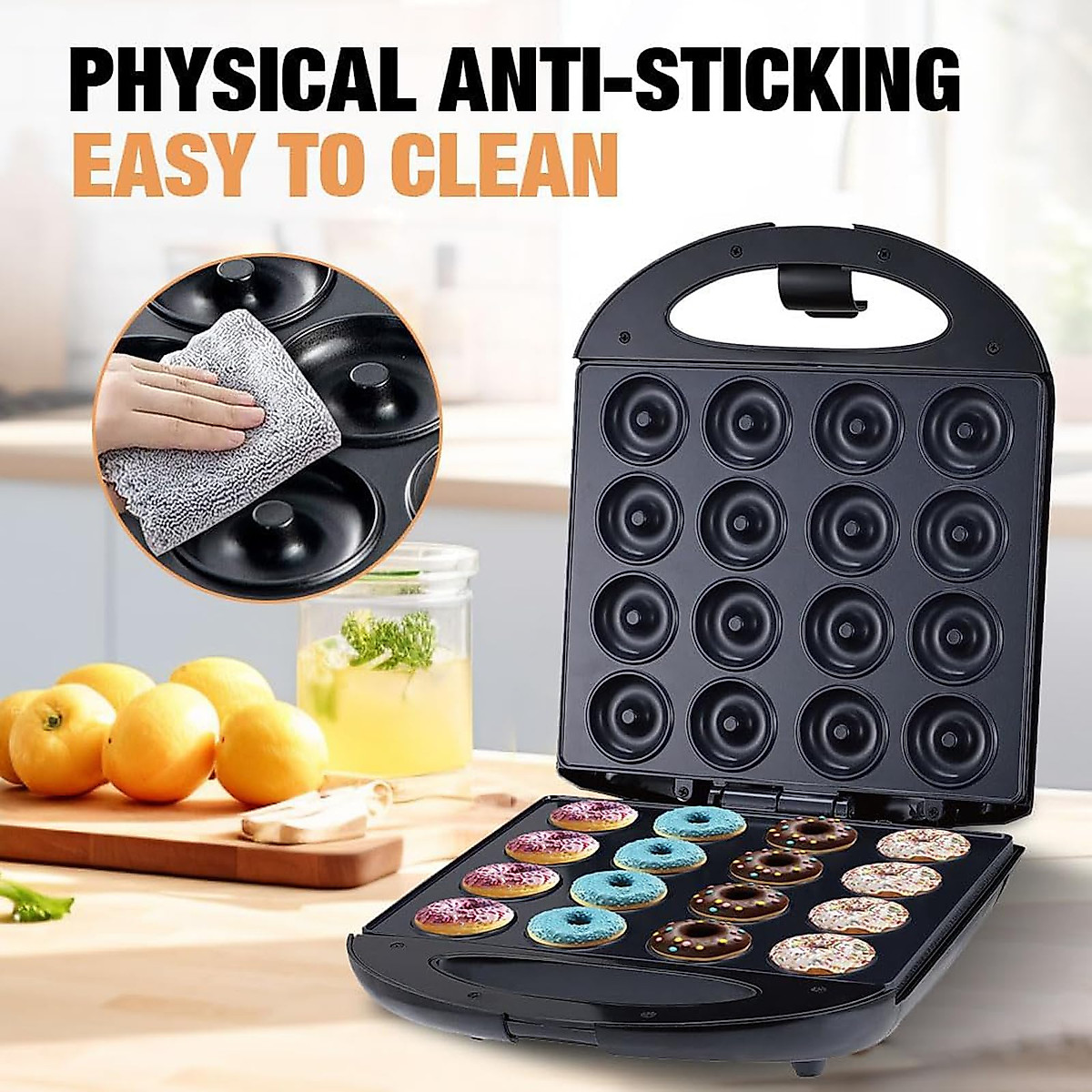 Mini Donut Maker, Machine for Kid-Friendly Breakfast, Mini pancakes maker Machine for Breakfas,Snacks, Desserts & More with Non-stick Surface, Double-sided heating Makes 16 Doughnuts - Black