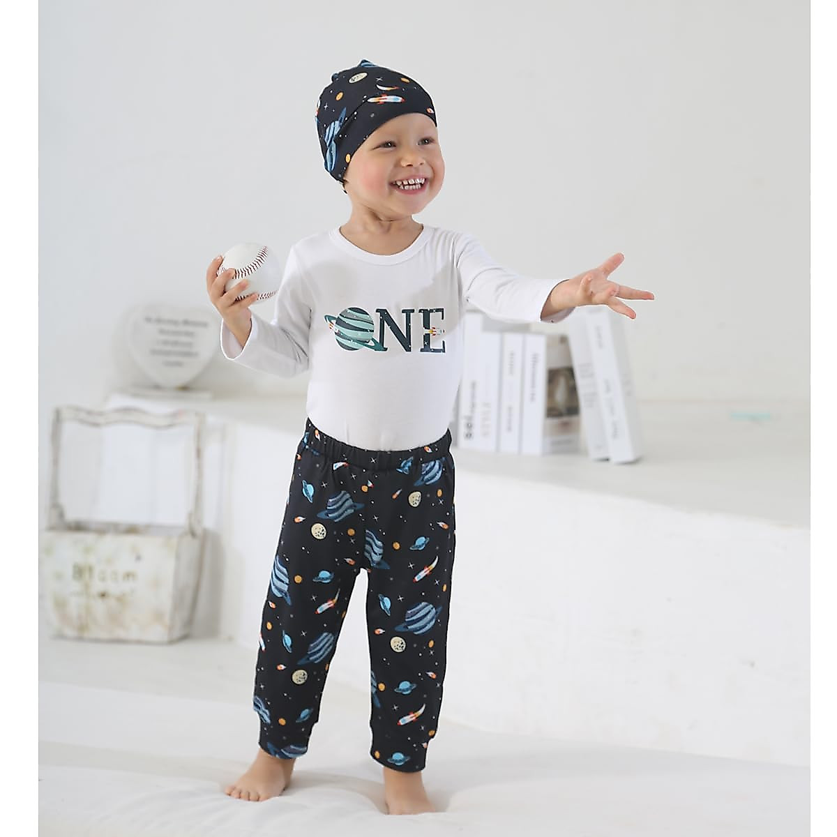 Baby Boy 1st Birthday Outfit Infant Boy First Birthday Clothes Boy Astronauts Cake Smash Bodysuit (White,12-18 Months)