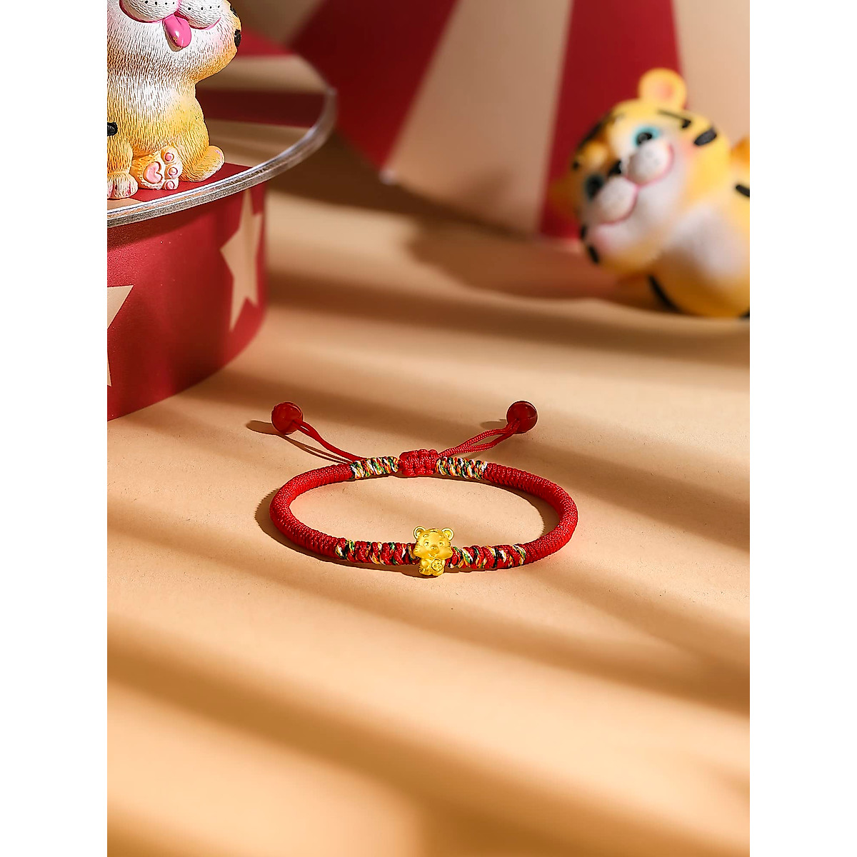 ZHOU LIU FU 24K Solid Gold Bracelet, Real Pure Gold Jewelry Charm Red Braided Bracelets Dainty Lucky Chinese Zodiac Tiger Ruyi Ingot Chain for Women Men Girlfriend
