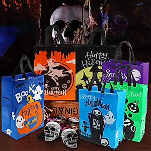 KIMOBER 12 Packs Halloween Non-Woven Trick or Treat Bags,Large Reusable Gift Tote Bags with Handles,6 Colors Goodie Bags for Halloween Party Supplies,15.7×11.8×5.9“