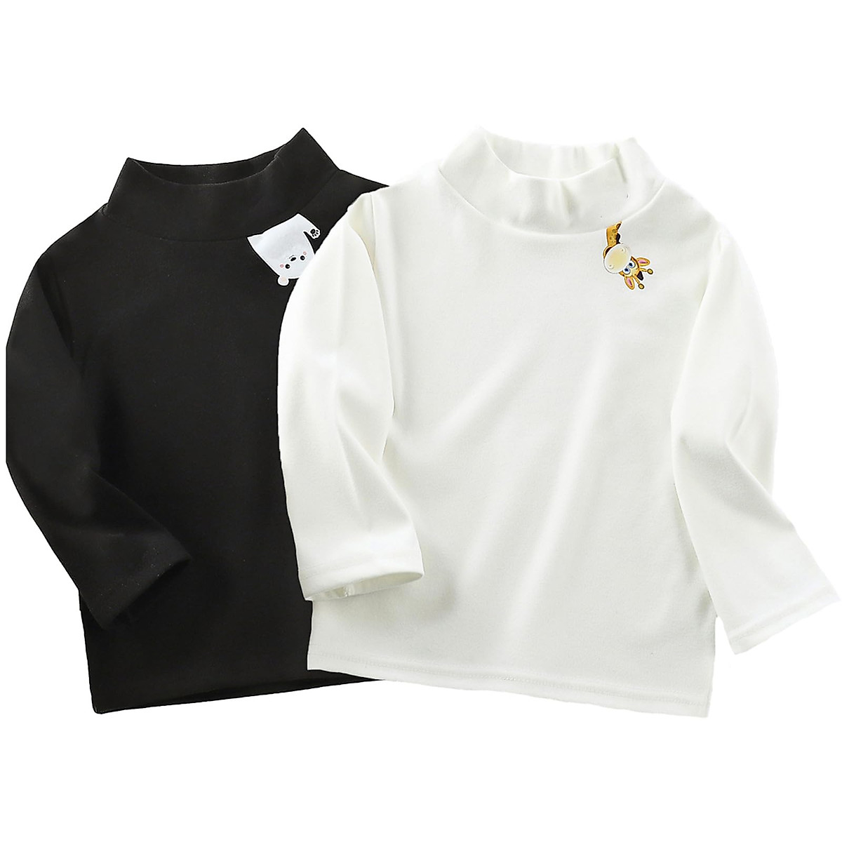 Boys Girls Thermal T-Shirt Half Collar Underwear 2-Pack Basic Soft Tops Unisex Warm Undershirts Tees Black+White 9-10Years