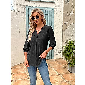 FMEYOA Women's 3/4 Sleeve Tops Eyelet Dressy Casual V Neck Blouses T Shirts(Black,X-Large)