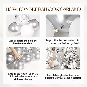 132pcs Silver and White Balloon Arch Kit, Metallic Silver and White Balloons Different Sizes of 18 12 10 Inch Balloons for Wedding Anniversary Baby Shower Graduation Birthday Party Decoration