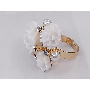 CZ Three White Flower Pearl Open Band Ring for Women Girls Gold Plated Cubic Zirconia Imitation Pearls Resin Rose Flowers Statement Adjustable Expandable Finger Rings Comfort Fit Christmas Jewelry