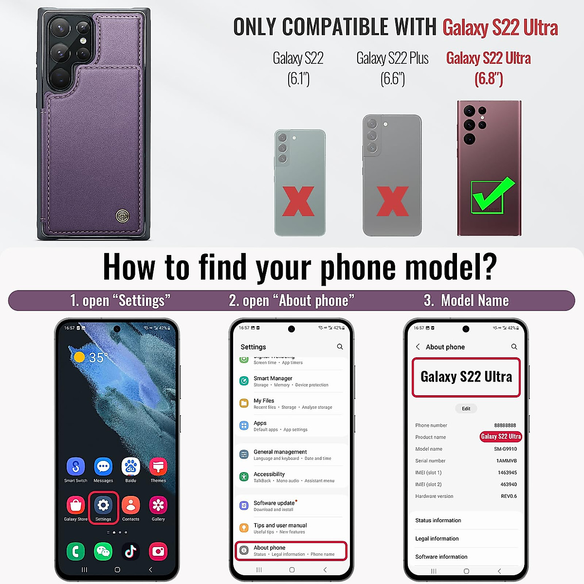 Vinich for Samsung Galaxy S22 Ultra Wallet Case with Card Holder, RFID Blocking Credit Slots Kickstand Shockproof Phone Cover for Women Men, Purple