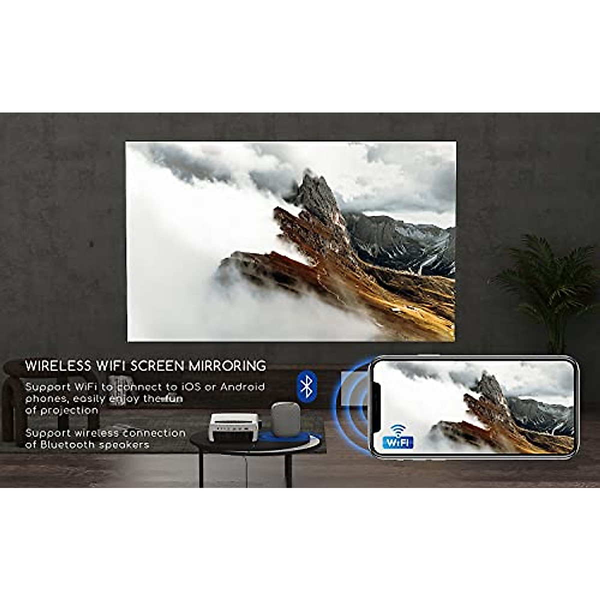 COOAU WiFi Bluetooth Projector HD 1080p Compact Portable Projector, 220ANSI Dolby Sound Support Movie Projector for Outdoor Indoor Home Theater Compatible TV Stick, HDMI, Phone, Laptop, DVD, Ceiling