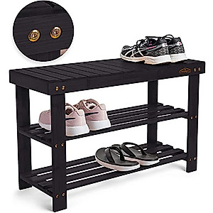 Homemaid Living Bamboo 3 Tier Shoe Rack Bench, Premium Shoe Organizer or Entryway Bench, Perfect for Shoe Cubby, Entry Bench, Bathroom Bench, Entryway Organizer, Hallway or Living Room(Black)