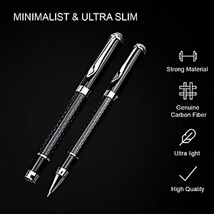 Executive Pen by Safedome - Elegant Roller Ball Pen with Carbon Fiber Barrel and Stainless Steel Accents, Refillable Pen, Professional and Fancy Luxury Pens for Journaling - Black and Silver