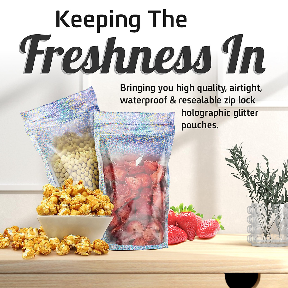 Resealable Black STANDUP Mylar Hologram Metallic Amazing Bags 5 * 8 inches. 100 Pk – Airtight, Waterproof, Zip Lock seal-Opaque Foil Pouch. Food Grade Bags Long shelf-life Storage (Large Black-Metal)