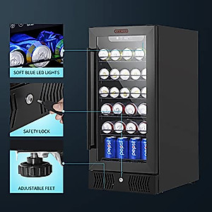 Kognita 15" Wine Cooler Under Counter Beverage Refrigerator, Free Standing Glass Door Mini Beer Fridge Holds Up To 115 Cans, Removable Shelves, Touch Control, Digital Temperature Display (Black)