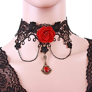 maikun Black Lace Choker Necklace Halloween Costume Jewelry Set with Bracelet Earrings, Punk Party Gothic Lolita Red Flower Rose Beads Vintage Retro choker Wristband for Women