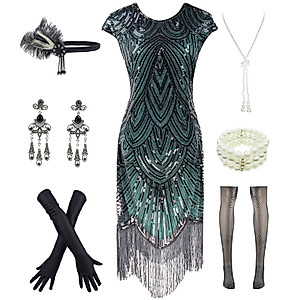 Letter Love Women 1920s Vintage Flapper Fringe Beaded Gatsby Party Dress With 20s Accessories Set (S, Black Green)