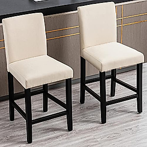 GOTMINSI Classic 24 Inches Counter Height Stools Upholstered Bar Stools with Solid Wood Legs Set of 2(Fabric Beige)