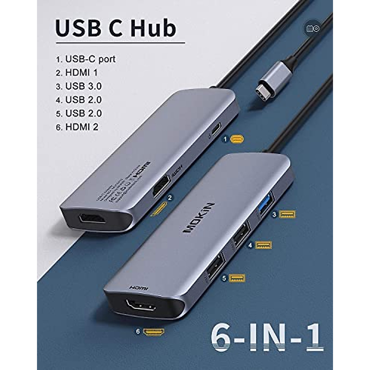 Docking Station USB C to Dual HDMI Adapter, MOKiN USB C Hub Dual HDMI Monitors for Windows,USB C Adapter with Dual HDMI,3 USB Port,PD Compatible for Dell XPS 13/15, Lenovo Yoga,etc