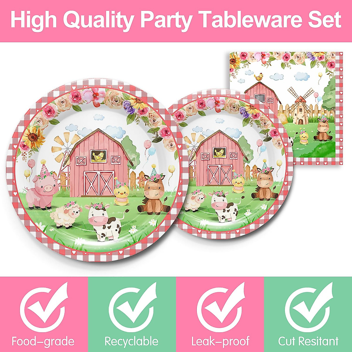 Piooluialy Pink Farm Birthday Party Supplies for Girl - Farm Animal Baby Shower Party Decorations Include Dinner Plates, Cups, Napkins, Cutlery, Farm House Barnyard Theme Party Supplies | Serves 24