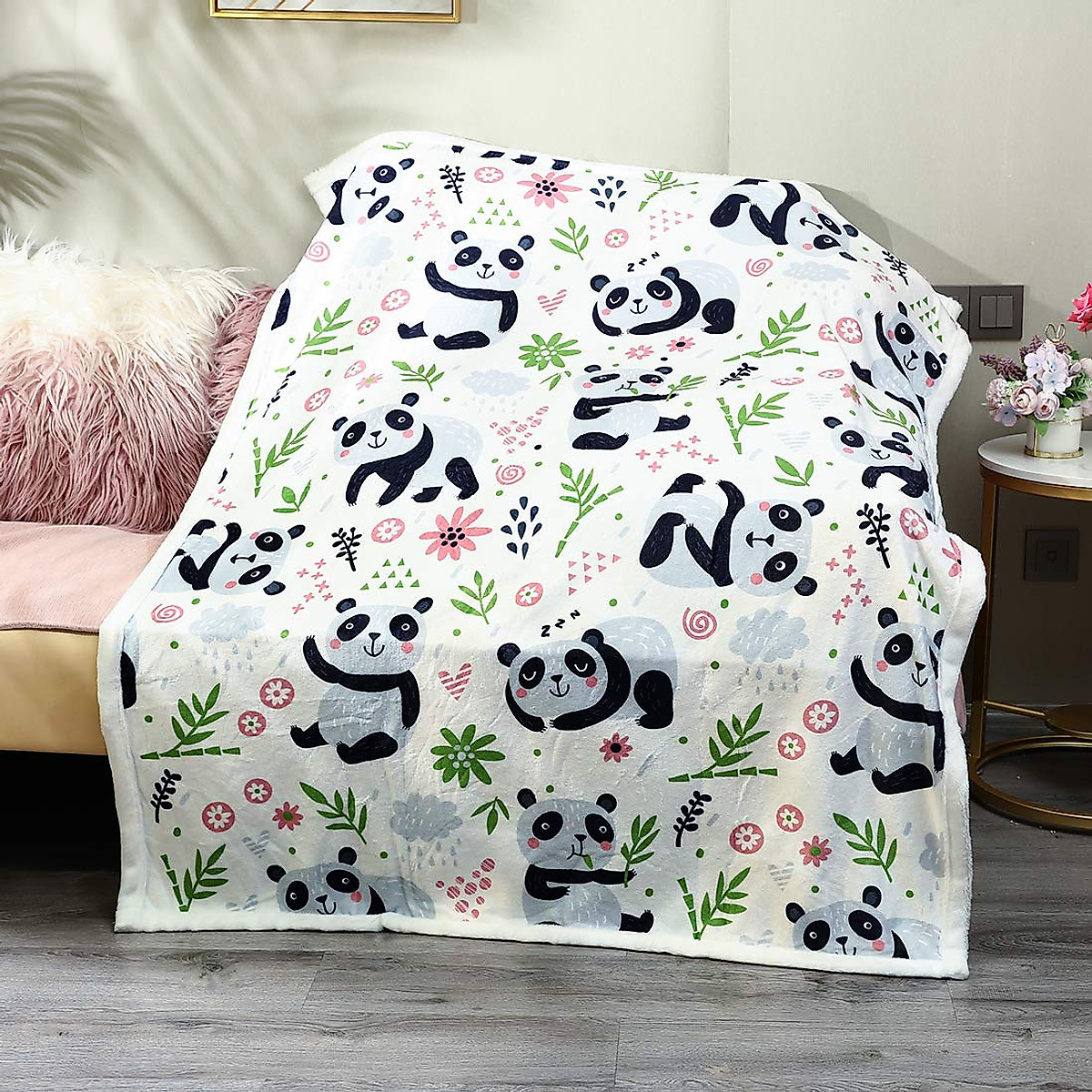 Panda Blanket Pandas Throw for Girls Cute Pandas Gifts Soft Flannel Panda Blankets for Panda Lovers Flowers Panda Stuffed Decor (Natural Panda, 50 x 60 Inch)