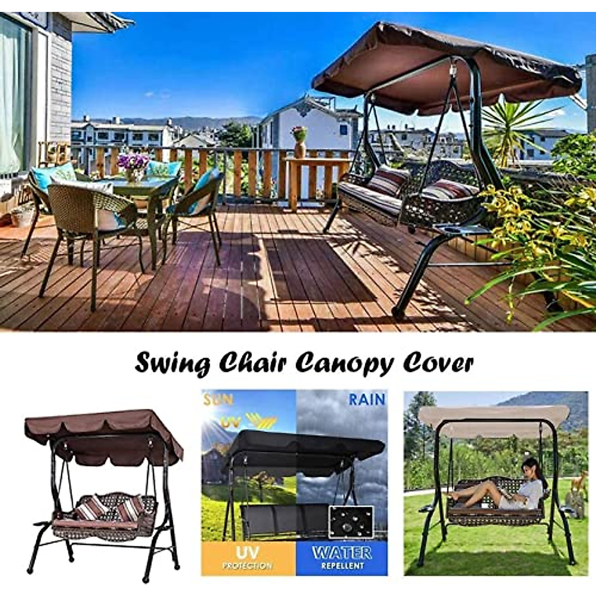 KFJZGZZ Replacement Canopy for Swing Seat,2 and 3 Seater Swing Chair Seat Top Cover for Garden Outdoor Patio Hammock Cover Top Waterproof Sunshade Hammock Canopy Swing Cover（Top Cover +Chair Cover）
