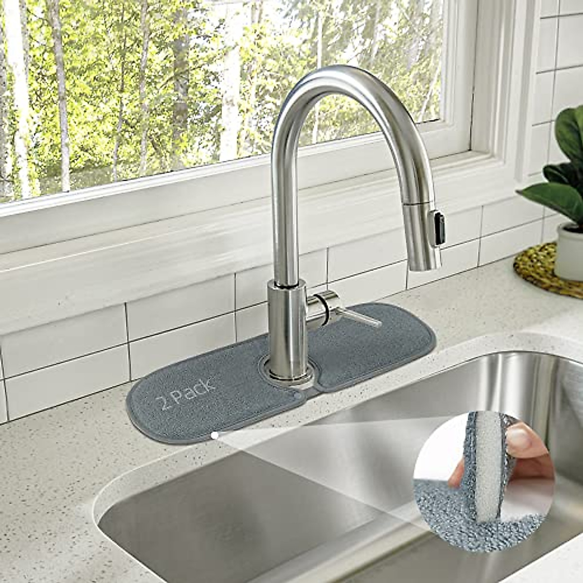 LOPNUR Faucet Mat for Kitchen Sink, 15”x 5” Kitchen Sink Splash Guard Behind Faucet, Sink Faucet Absorbing Mat for Kitchen & Bathroom, Washable Microfiber Faucet Splash Guard for Sink【Grey, 2 Pack】