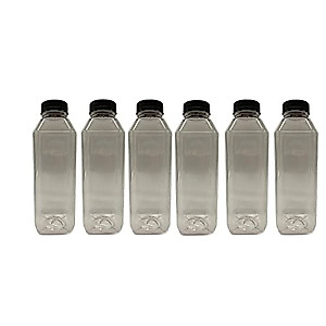 Natural Farms 16 OZ Plastic Fillable Juice Bottles, Clear Beverage Containers with Black Tamper Evident Lids for Tea, Milk, Cold Pressed Juices and Homemade Beverages, Pack of 6