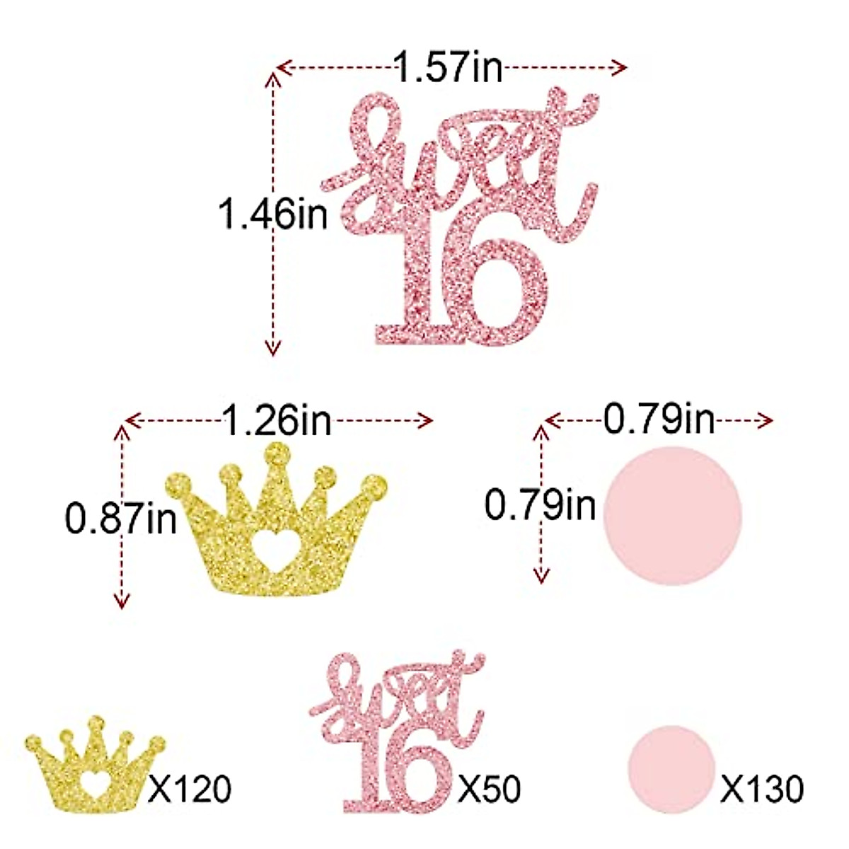 Sweet 16 Confetti, Rose Gold Glitter Sweet 16, Gold Glitter Crown and Pink Circles Confetti, Sweet 16th Birthday Party Decorations, Sweet Sixteen Party Decorations, 300 Pcs