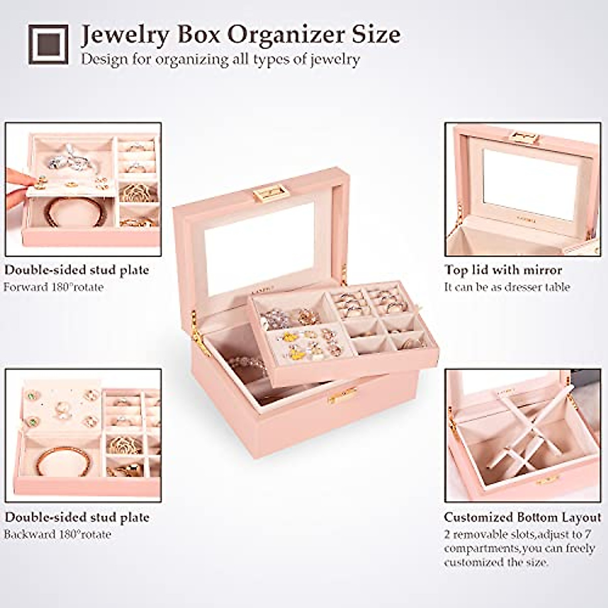 LANDICI Jewelry Organizer Box for Women Teen Girls,Large Jewelry Storage Case with Mirror,2 Layer Removable Stackable Tray,Leather Jewellery Display Holder for Ring Necklace Earring Bracelets,Pink