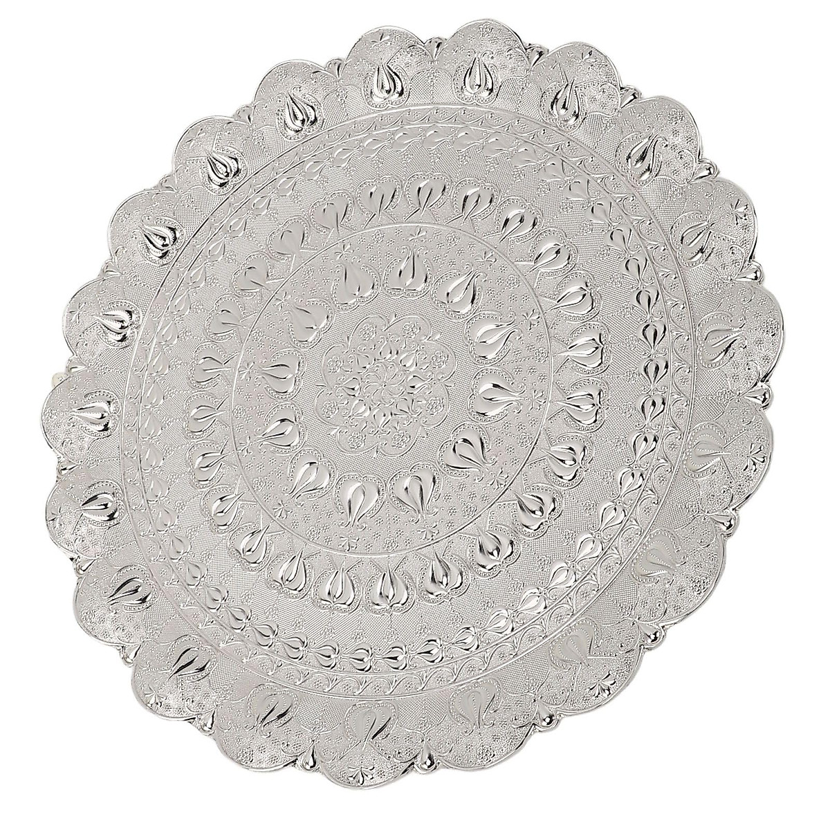 Turkish Tea Coffee Serving Tray Food Trays Vintage Style Embossed Pattern Round Coffee Plate for Bar Outdoor Dessert (Silver)