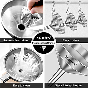 Stainless Steel Funnel, Walfos 3 Pack Kitchen Funnel with 2 Removable Strainer ＆ 1Pcs Cleaning Brush, Perfect for Transferring of Liquid, Oils, Jam, Dry Ingredients & Powder